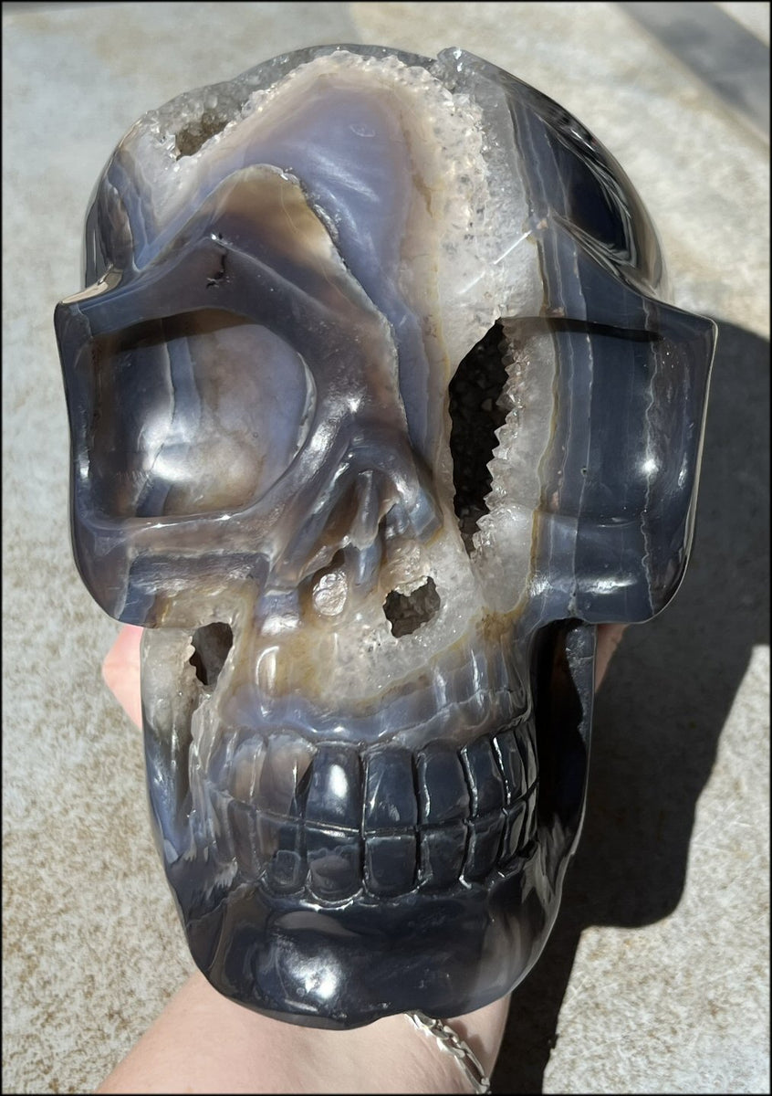 HUGE Agate Geode Crystal Skull with Fantastic Druzy crystals, Dendriti ...